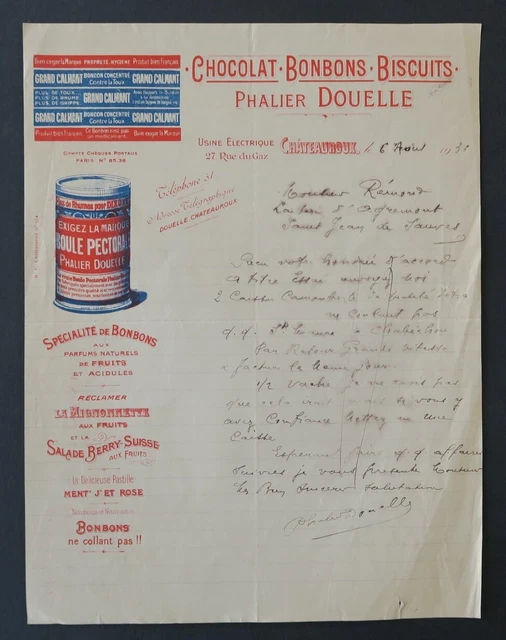 FATTURA 1931 CARAMELLE CIOCCOLATO BISCOTTO PHALIER DOUELLE vecchia ...