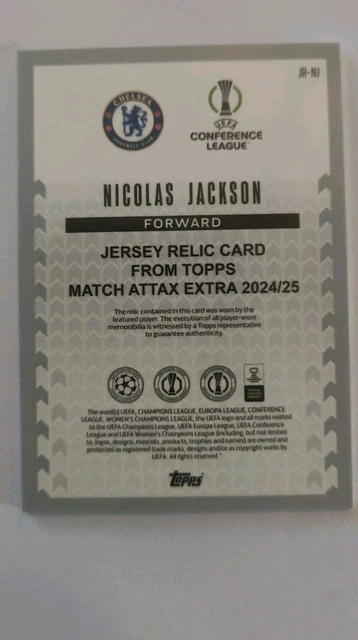 NICOLAS JACKSON JERSEY Relic Card JR-NJ Topps Match Attax EXTRA 2024/25 ...