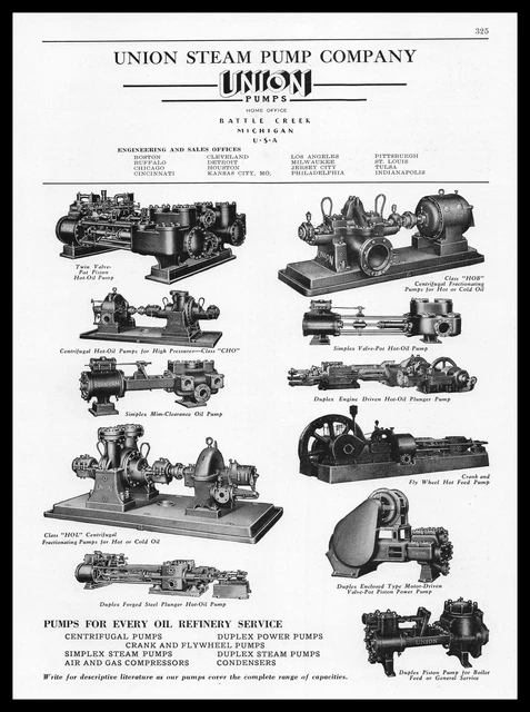 1939 UNION STEAM Pump Company Battle Creek Michigan Oil Refinery Pumps ...