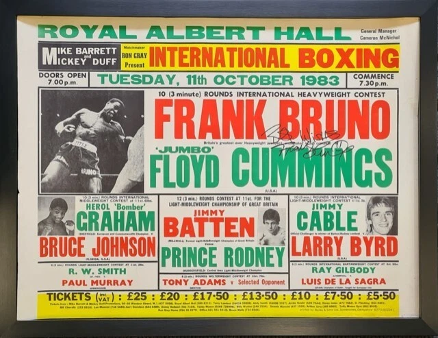 FRANK BRUNO ORIGINAL Fight poster V Jumbo Cummings signed and Framed £ ...
