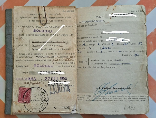 VESPA PIAGGIO 125 1959? Libretto Di Circolazione Targa BOLOGNA EUR 69 ...