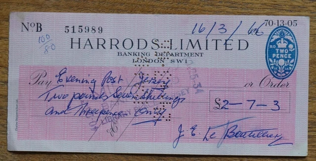 HARRODS LTD, BANKING Department, London SW1 used cheque dated 1966 £3. ...