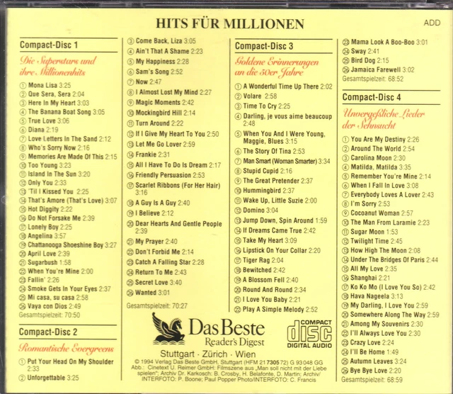 HITS FÜR MILLIONEN - Die schönsten Evergreens der 50er Reader's Digest 4 CD Box EUR 7,50 ...