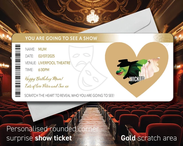 PERSONALISED THEATRE SHOW Scratch Reveal Ticket Event Surprise Voucher ...