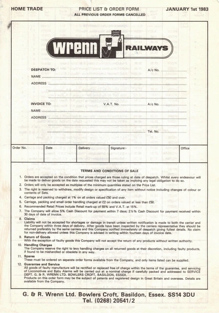 TWO WRENN TRADE Price List and Order Forms, January 1983 & July 1989 ...