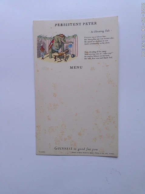 GUINNESS ADVERTISING MENU card Persistent Peter an elevating tale art ...