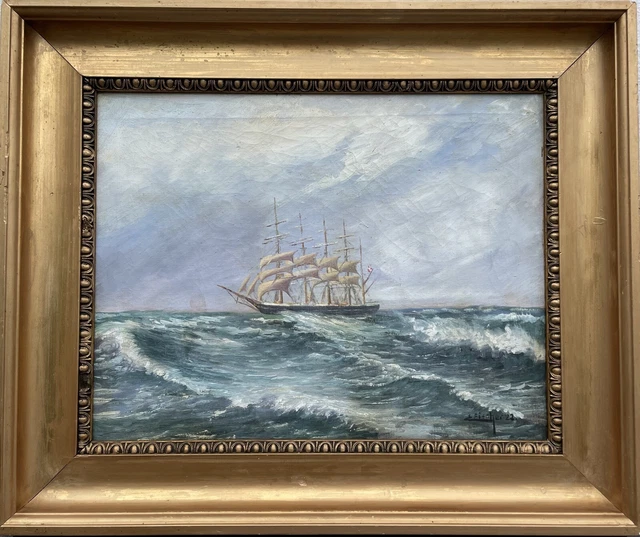 MARITIMES ÖLBILD SEESTÜCK Schiffsbild Viermastbark Segelschiff auf dem Meer 1922 EUR 280,00 ...