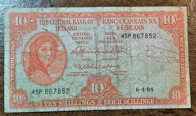 LADY LAVERY TEN 10 Shilling 1964 Banknote Irish Ireland Punt Old Money ...