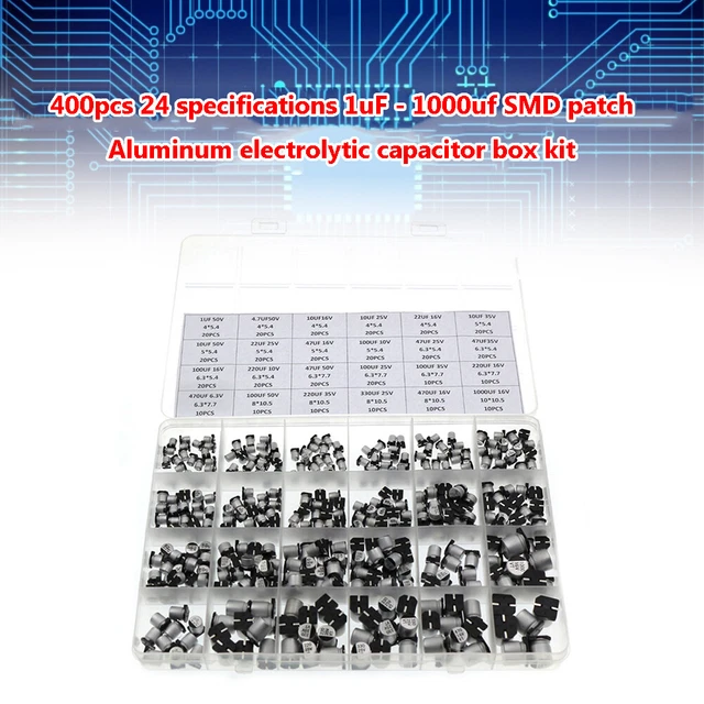 400PCS 6.3V-50V 1UF - 1000uF SMD Aluminum Electrolytic Capacitors Kit ...