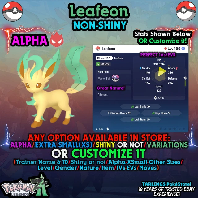 POKEMON LEGENDS ZA 🦖 Leafeon ALPHA LVL100 🎗️ BATTLE READY 🎗️ IVs/EVs/Nature $9.47 - PicClick AU