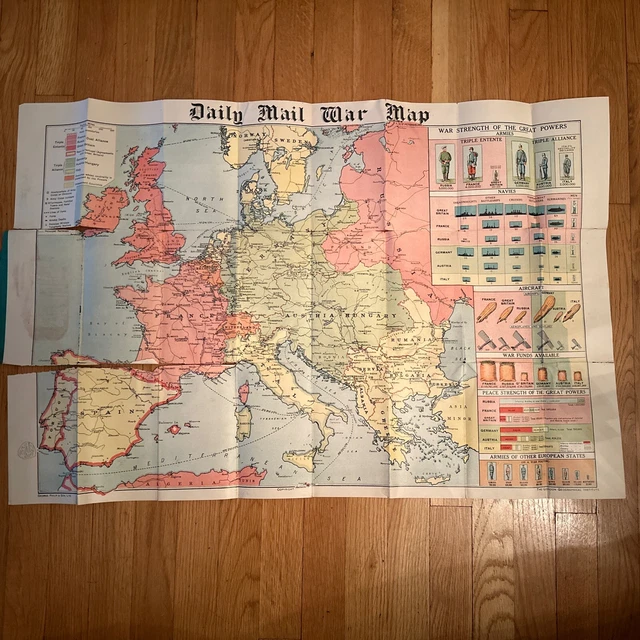 DAILY MAIL GENERAL War Map of Europe , World War 1 WW I George Philip c ...
