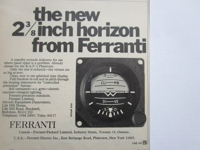 9/1972 PUB FERRANTI Aircraft Equipment 2 3/8 Inch Horizon Raf Phantom ...