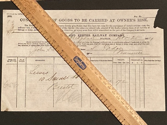 BRISTOL & EXETER Railway Consignment Note Lewis Bristol 1874. £1.50 ...