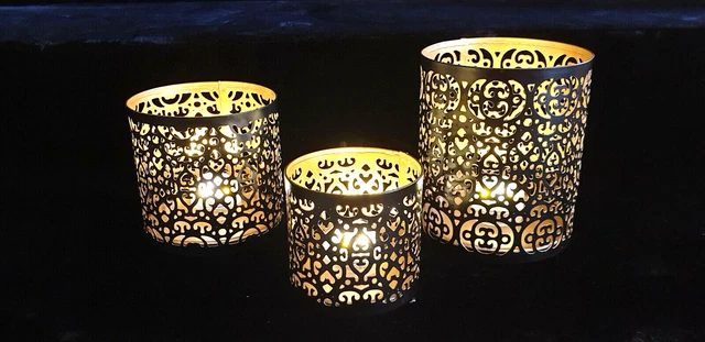 3ER SET WINDLICHT Metall schwarz gold Teelichthalter inkl LED Teelicht ...