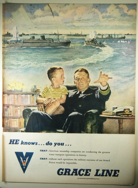 VINTAGE 1944 GRACE LINE Full-Page Magazine Print Ad: WWII STEAMSHIP ...