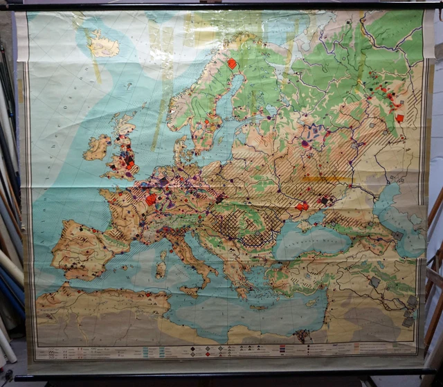 VINTAGE ROLLABLE MURAL Map Wall Chart Europe Raw Material Resources £116.68 - PicClick UK