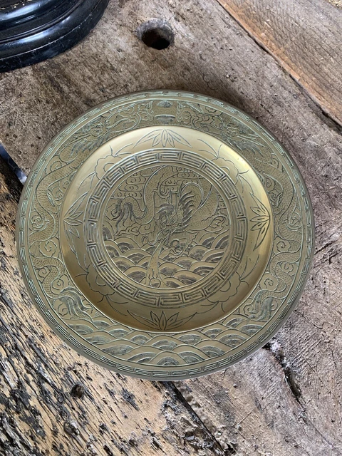 ANTIQUE VINTAGE CHINESE Bronze Brass Dragon Plate Circular Gold Marked ...