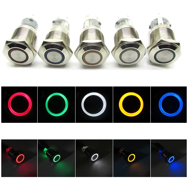 PUSH BUTTON SWITCH Ring LED Light Momentary Latching Waterproof 16mm ...