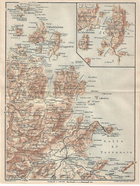CARTA GEOGRAFICA ANTICA SARDEGNA NORD EST CAPRERA TERRANOVA 1918 ...