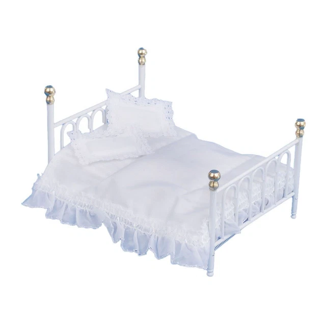 MAISON DE POUPÉES Blanc Fonte Lit Double & Literie Miniature Mobilier de Chambre EUR 41,51 ...