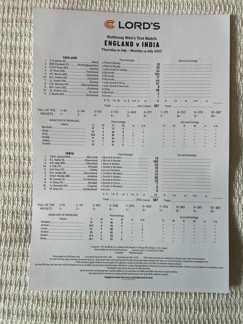 ENGLAND V INDIA Lords Test scorecard 2025 . Day 4 - 387 first innings ...