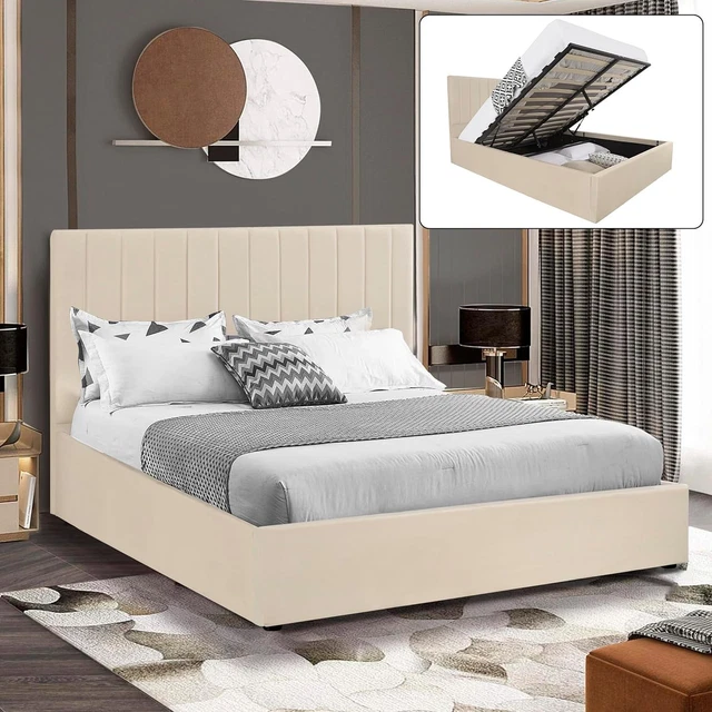 4FT OTTOMAN BED Frame Gas Lift Storage Beige Upholstered Velvet Double ...