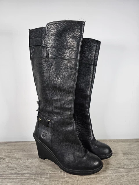TIMBERLAND STRATHAM HEIGHTS Wedge Knee High Boots Black Leather Size 6. ...