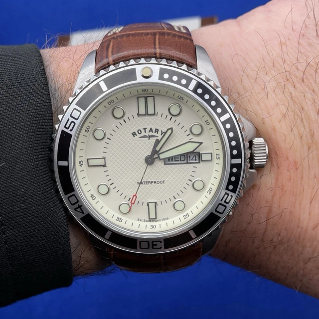 ROTARY MENS CHRONOSPEED Military Style Diver Brown Leather Strap Watch ...