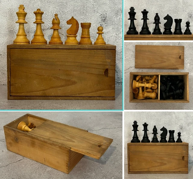 VINTAGE WOODEN STAUNTON Chess Pieces In Wood Box complete set of ...