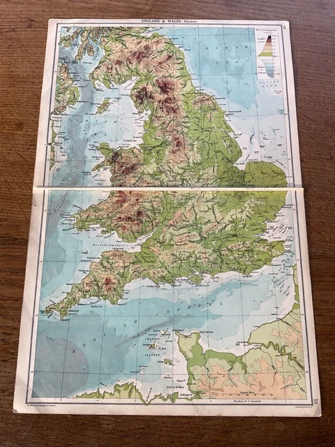 ENGLAND & WALES Physical Map 1917 Prof Meiklejohn Bartholomew Atlas £14 ...