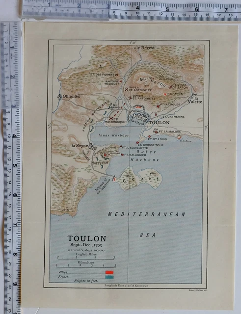 MAPPA / BATTLE Plan Toulon 1793 Allies Francese Batterie Truppe Fort st ...