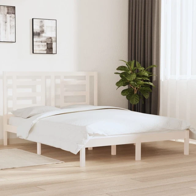 WHITE SOLID PINE Wood Bed Frame 160x200 cm, Sturdy Design, Modern Style ...