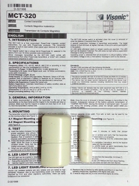 VISONIC POWERMAX POWERCODE MCT-320 Wireless Door / Window Contact ...