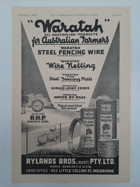 VINTAGE AUSTRALIAN ADVERTISING 1930s ad WARATAH WIRE BHP steel fencing ...