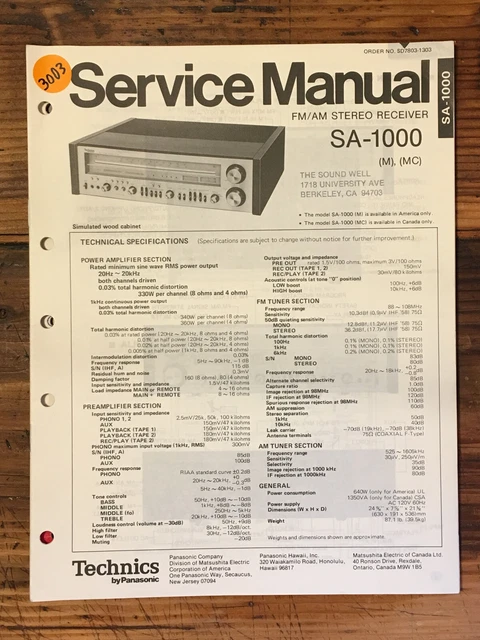 TECHNICS SA-1000 RECEIVER Service Manual *Original* EUR 114,93 ...