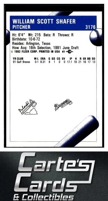 BILL SHAFER 1992 Fleer ProCards #3176 Pulaski Braves EUR 2,17 - PicClick FR