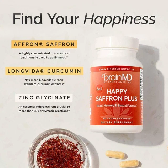 HAPPY SAFFRON PLUS Vegan Capsules 90-Count with Saffron, Curcumin Zinc ...