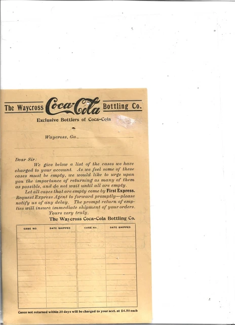 THE WAYCROSS COCA-COLA Bottling Co. Invoice Jan. 04, 1906 On Back $8.44 ...