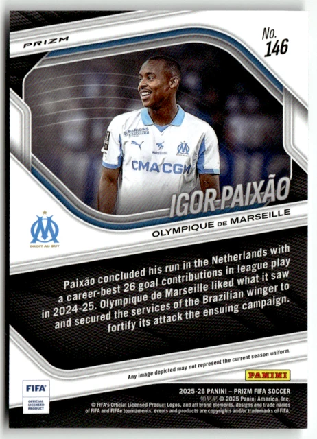 PANINI PRIZM FIFA 2025-26 Tarjeta #146 Igor Paixao Rookie Laser Prizm ...