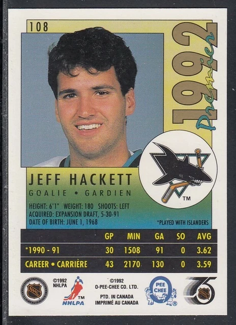 1991-92 JEFF HACKETT San Jose Sharks O-Pee-Chee Premier Hockey Card ...