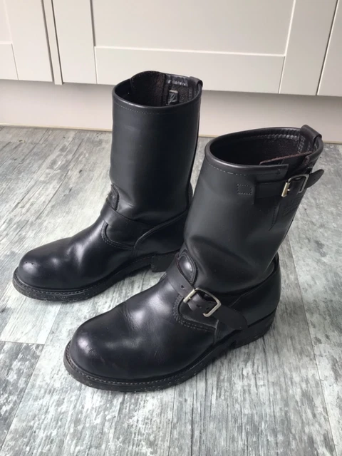 70S WALKER ENGINEER Boots USA Made Steel Toe Black with corded sole UK ...