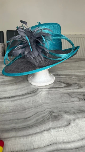 JACQUES VERT WEDDING Hat Turquoise Grey Feathery Mother Of Bride Races ...