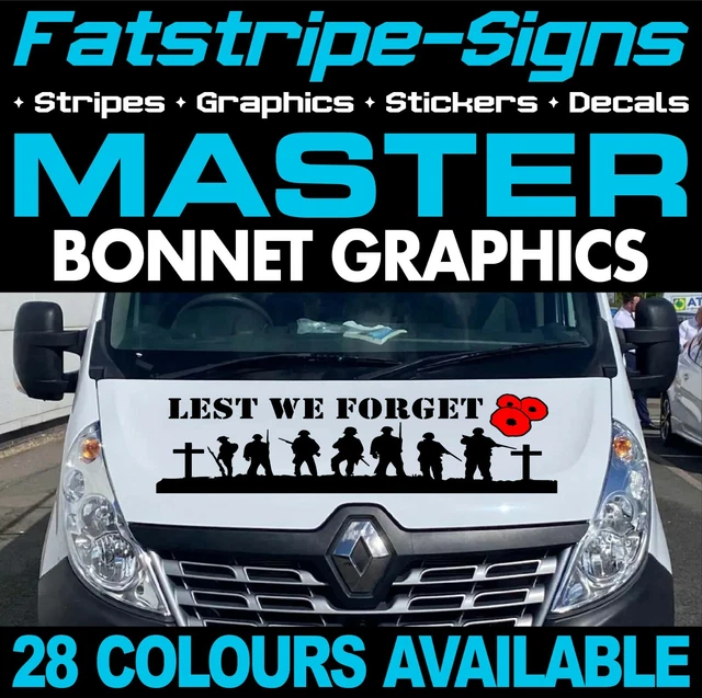 TO FIT RENAULT MASTER LEST WE FORGET ARMY GB BONNET STICKERS CAMPER VAN ...