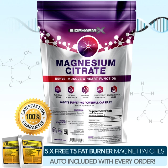 MAGNESIUM CITRATE -STRONGEST Pharma Grade -60 Capsules X 500Mg -Muscle ...