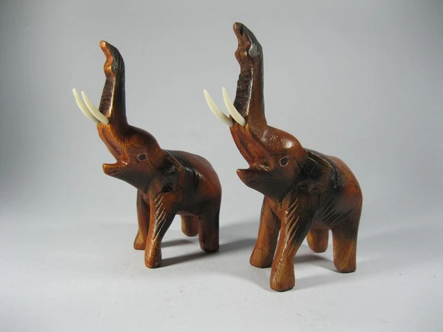 PAIR WOODEN ELEPHANT Trunk Up Sculpture Hand Wood Carved Home Decor ...