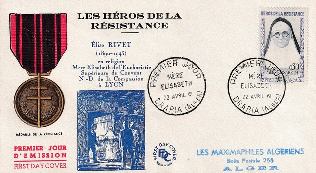 ENVELOPPE PHILATÉLIE 1ER jour 1961 Algérie Médailles Elise Rivet ...