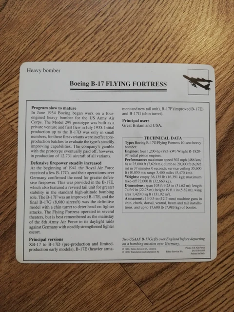 BOEING B-17 FLYING Fortress 1990 Warplanes Collectors Club Card $7.35 ...
