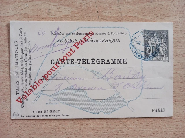 CARTE TELEGRAMME , Service Télégraphique, Valable Pour Tout Paris. EUR ...