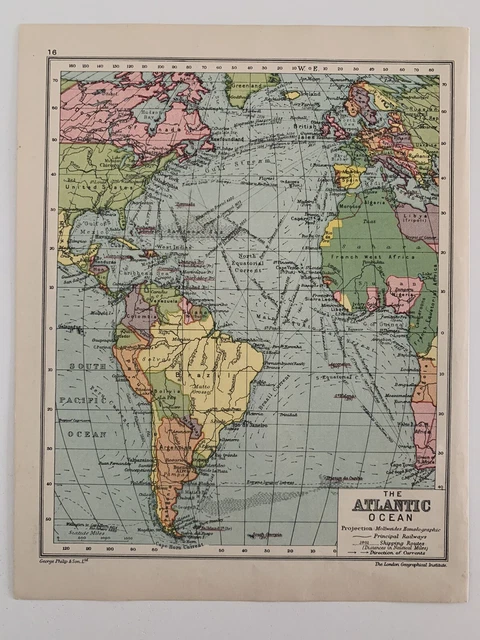 SMALL ANTIQUE MAP Of The Atlantic Ocean £5.00 - PicClick UK