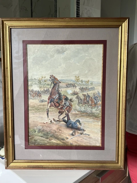 TABLEAU MILITAIRE, AQUARELLE Signée Cadre Magnifique Format 32x42 Et 52x 46. EUR 300,00 ...